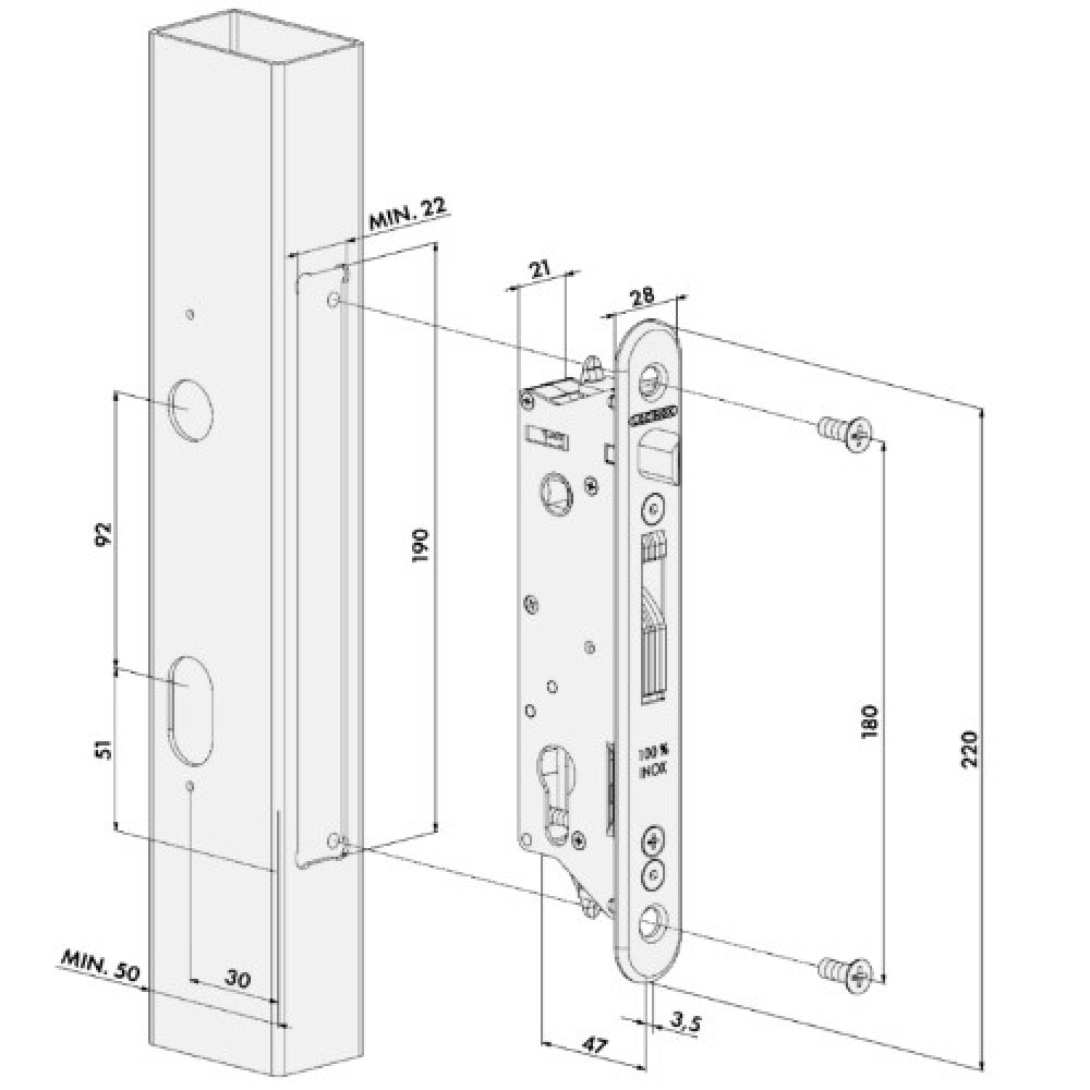 Locinox Gatelock Fiftylock Insert Set with Keep For 50mm Box Section SAA