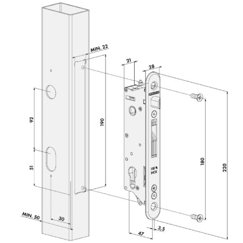 Locinox Gatelock Fiftylock Insert Set with Keep For 50mm Box Section Black