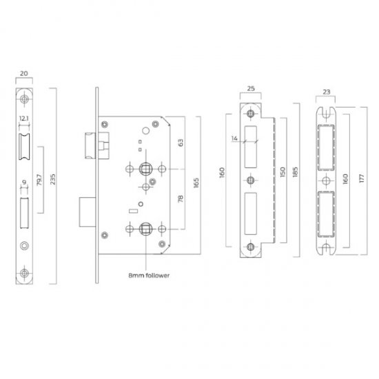 Briton 5730 DIN Bathroom Lock Case 60mm Backset